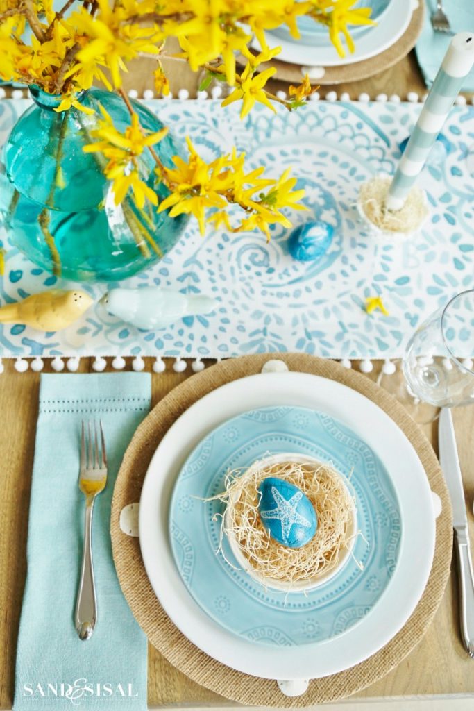 Aqua and Yellow Coastal Easter Tablescape - Sand and Sisal